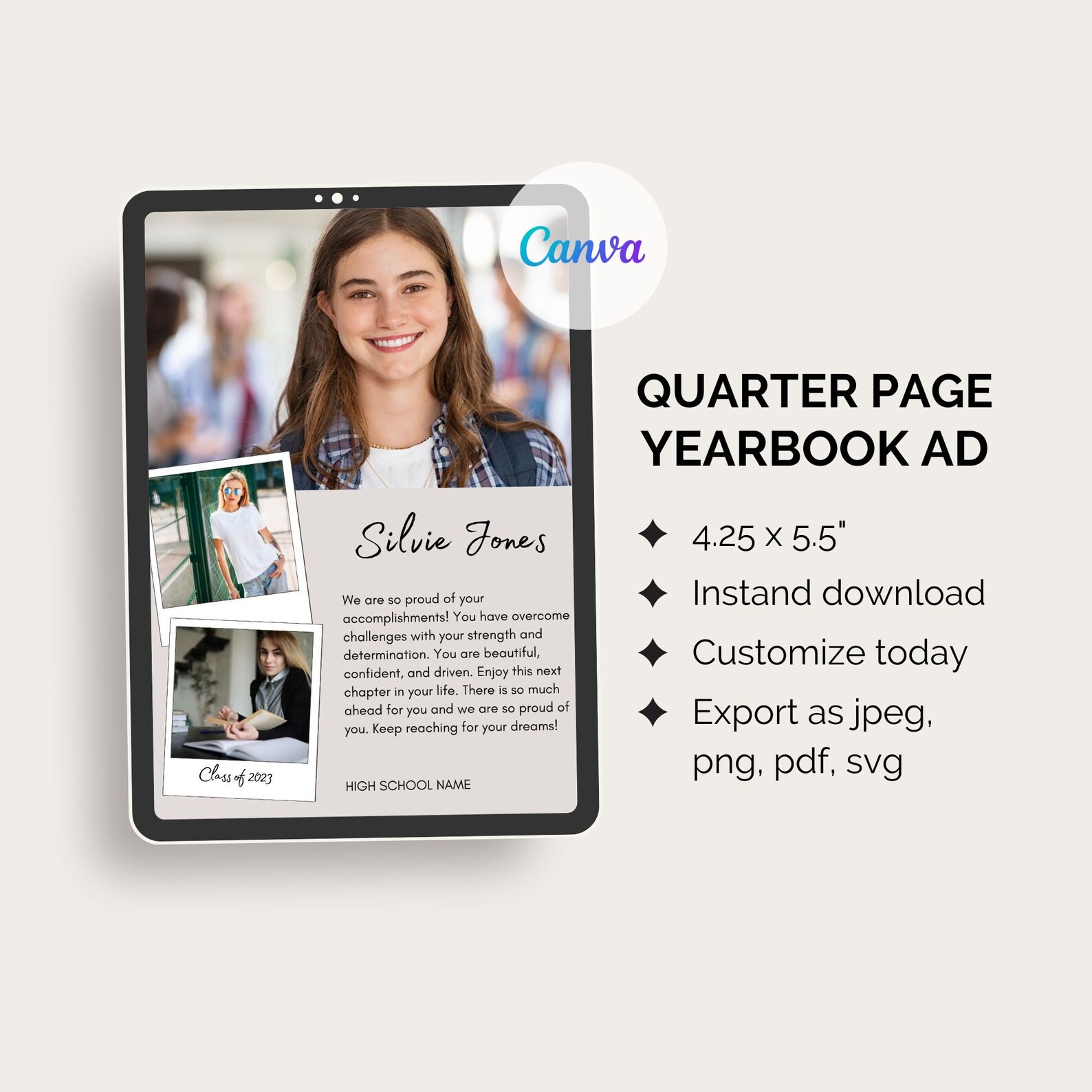 Yearbook Ad Quarter Page Canva Template Quarter Page Middle School ...