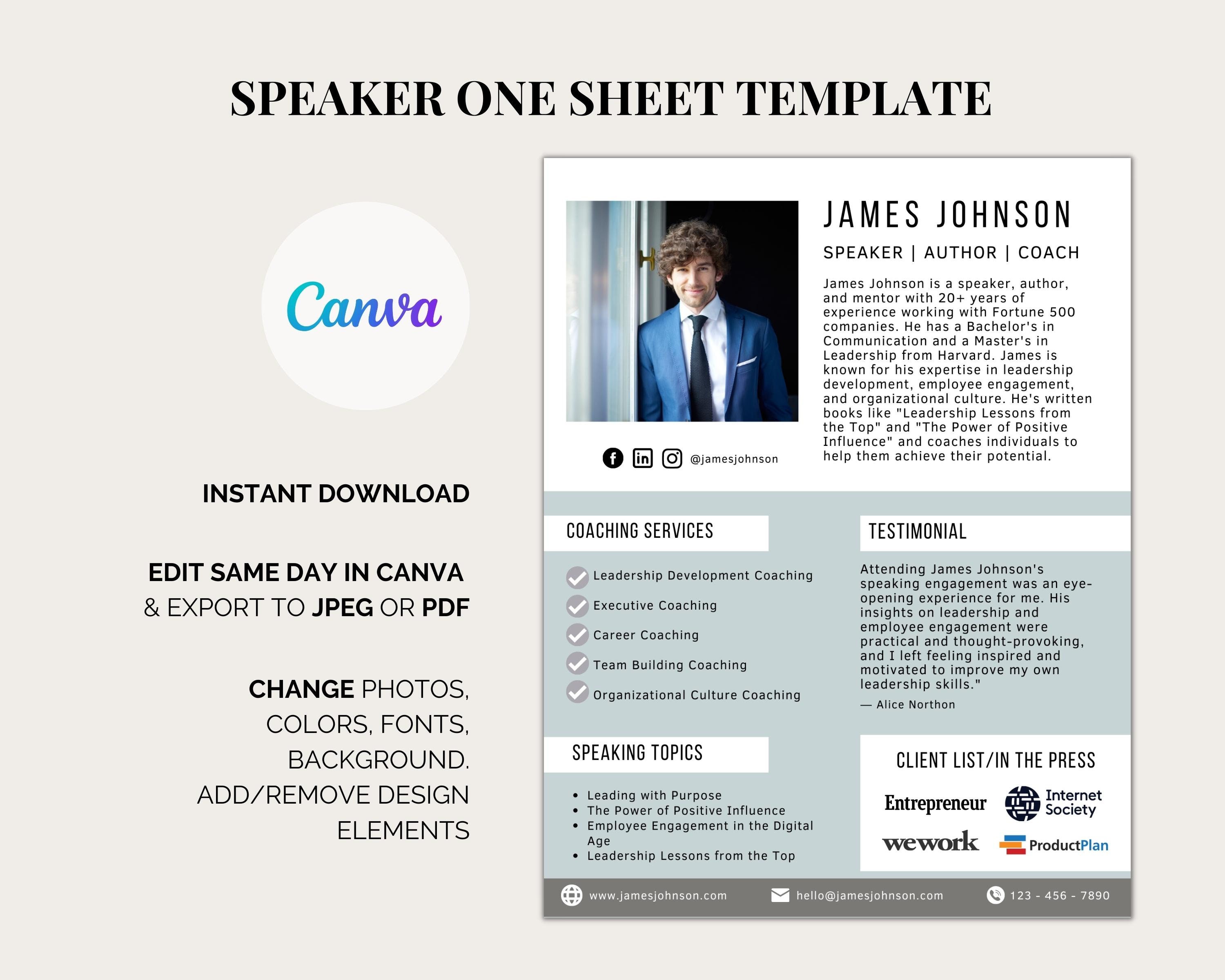 Speaker One Sheet Template Canva Speaker Sheet Keynote Speaker Media Kit Life Coach Profile ...