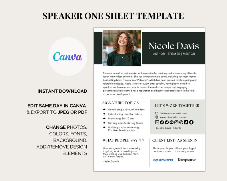 Speaker Sheet Canva Template Keynote Speaker One Sheet - Etsy