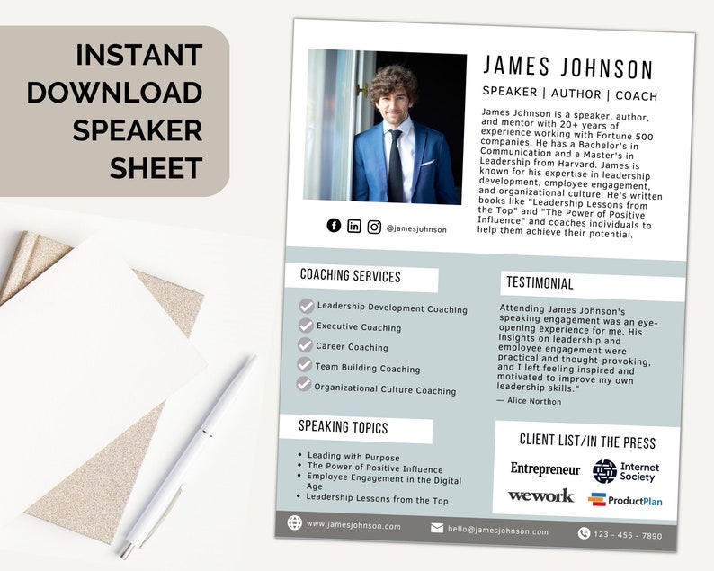 Speaker One Sheet Template Canva Speaker Sheet Keynote Speaker - Etsy