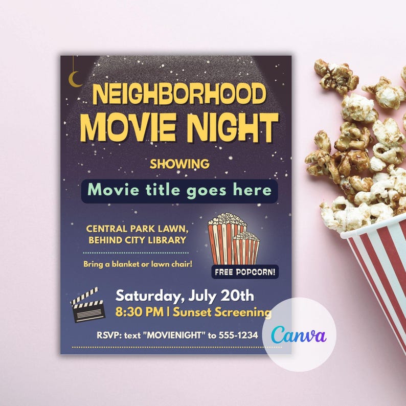 Movie Night Flyer Template Canva Summer Neighborhood Event Poster for ...