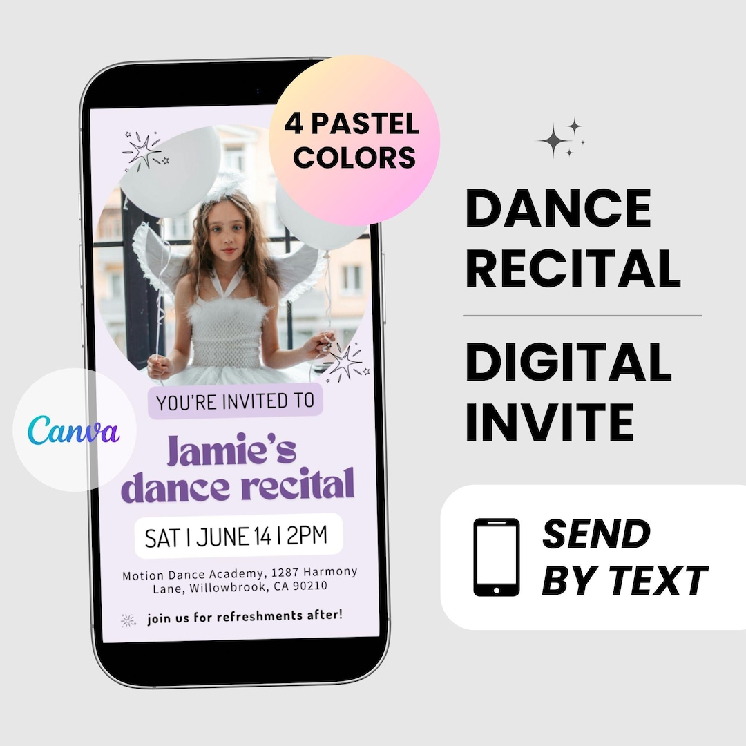 Dance Recital Digital Invite Canva Template Ballerina Editable ...