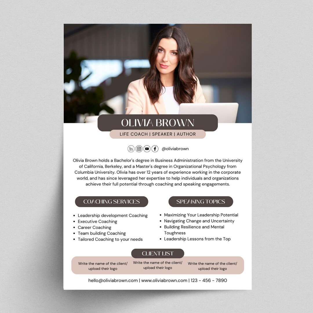 Life Coach Speaker Sheet Template Canva | Leadership Coaching Media Kit ...