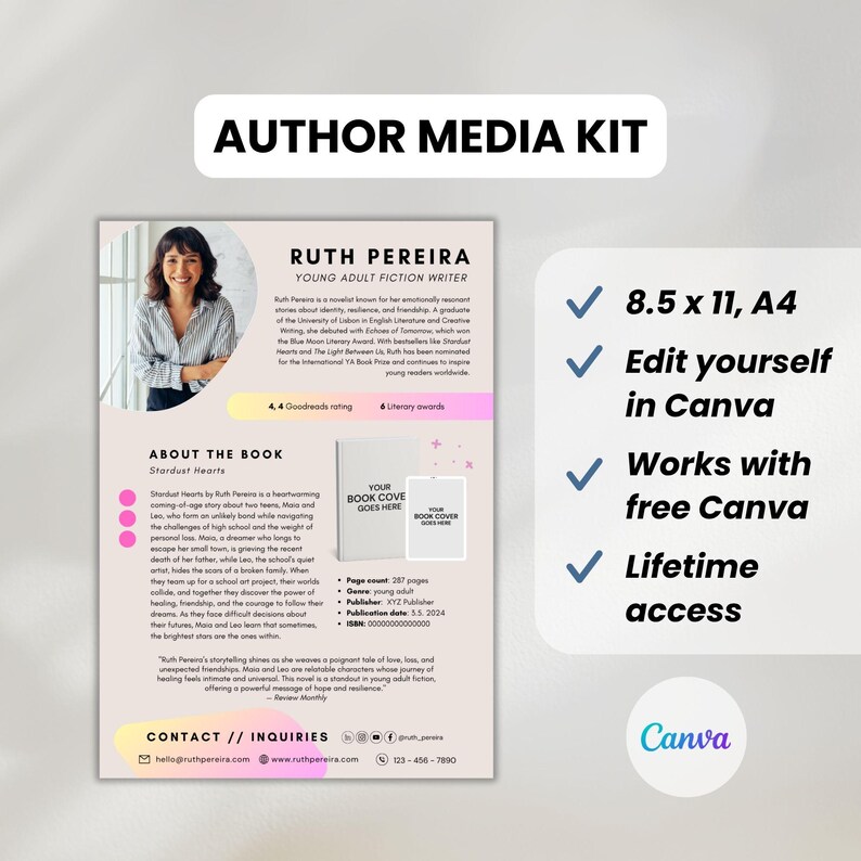 Editable Author Media Kit Template | Canva Author Press Kit, Book ...