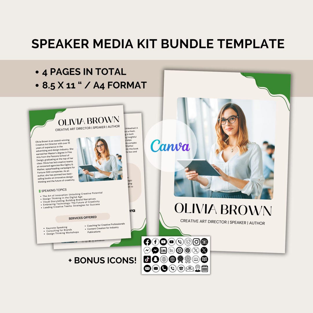 Speaker Media Kit Canva Template Speaker Sheet Keynote Speaker Profile Kit Template Canva ...