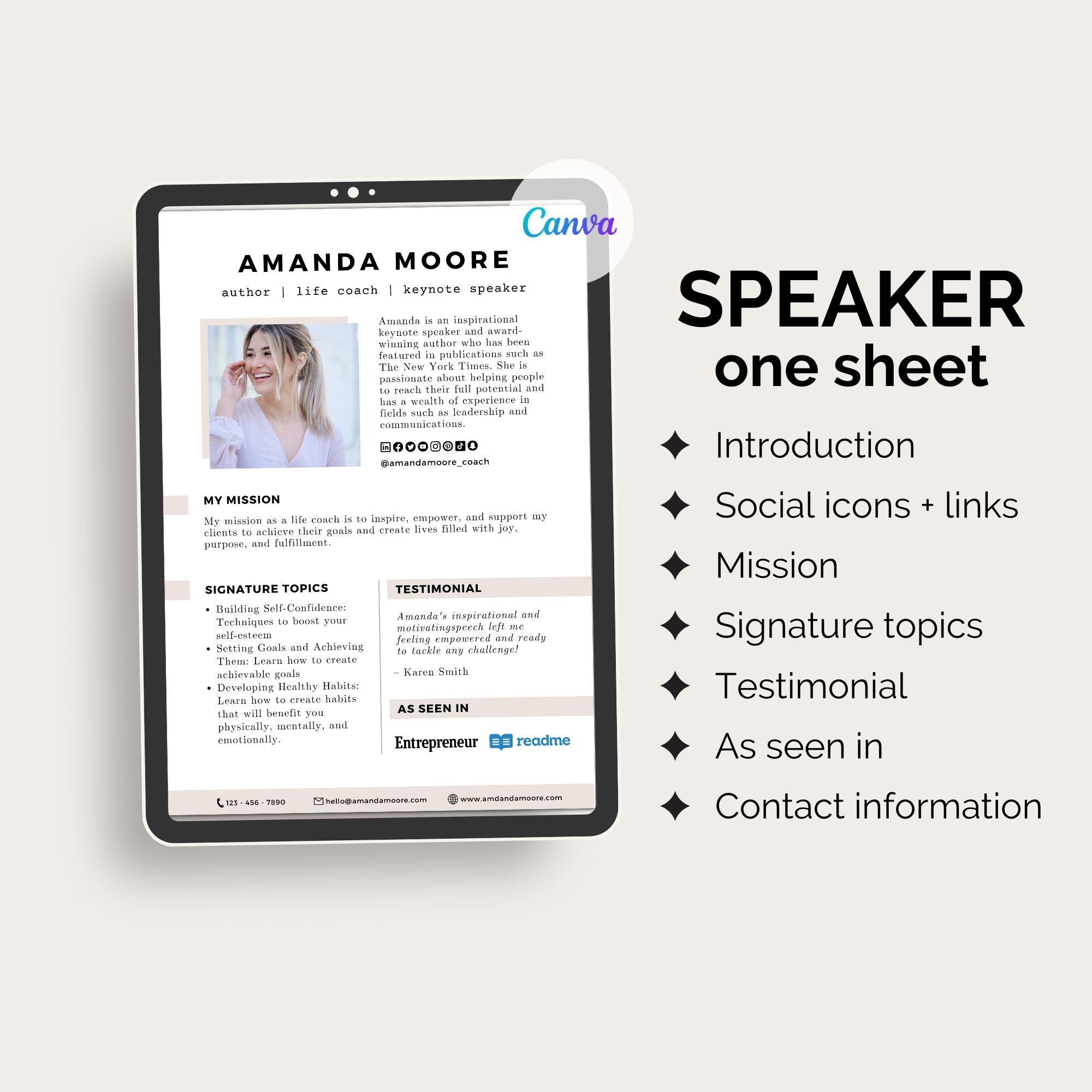 One Page Speaker Sheet Canva Template Keynote Speaker One Sheet ...