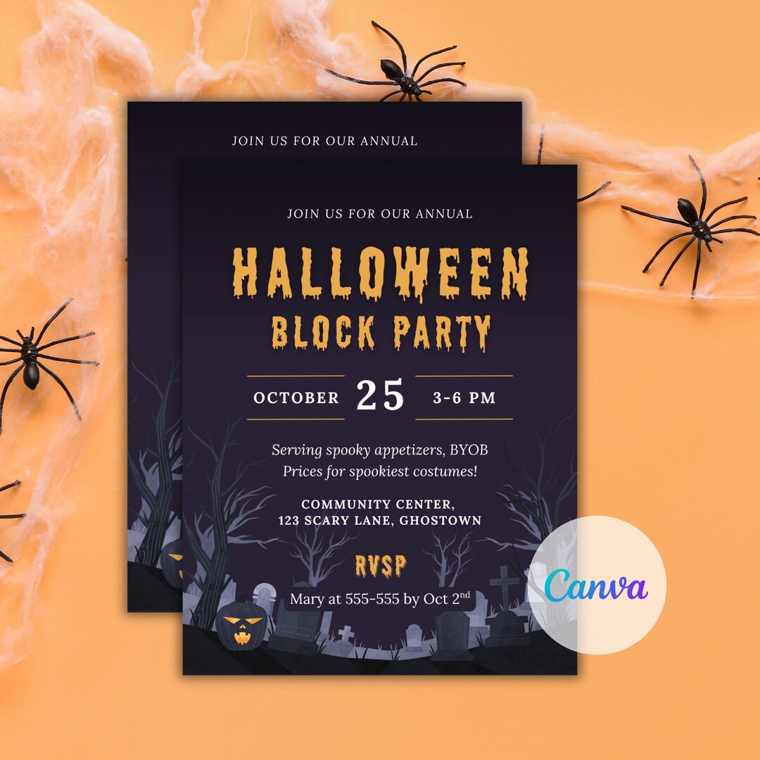 Spooky Neighborhood Halloween Block Party Flyer: Editable Canva ...