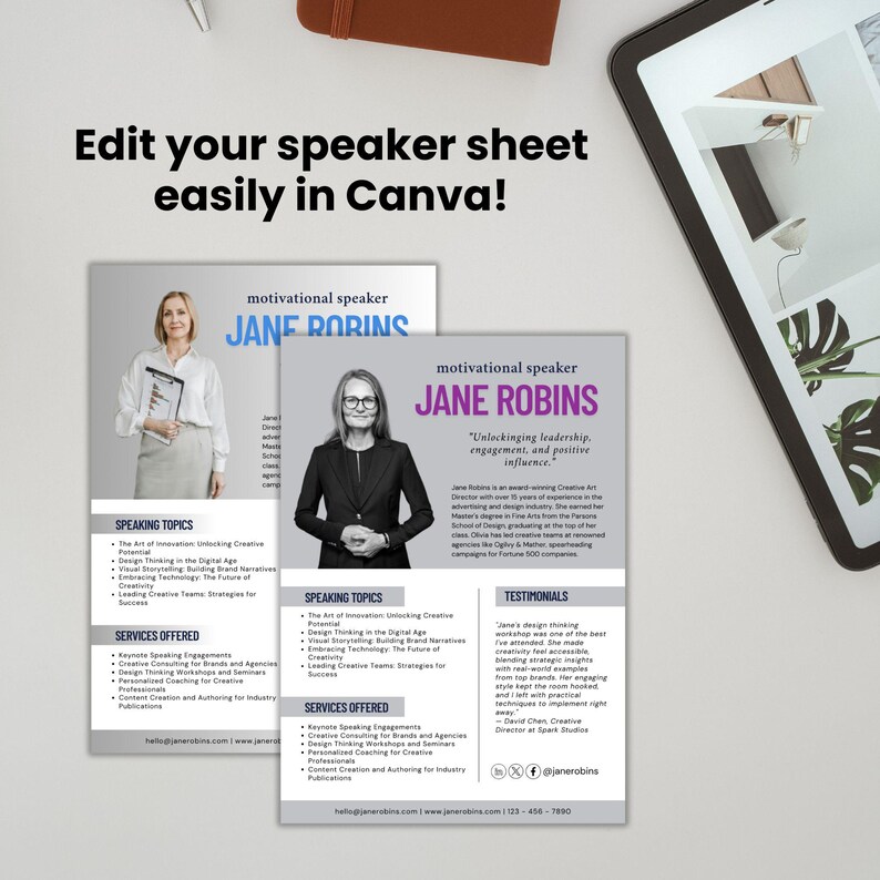 Speaker One Sheet Canva Template Keynote Speaker One Sheet Professional Speaker Bio Template ...