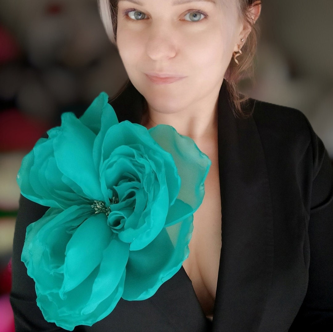 Giant Teal Organza Flower Brooch Extra Large Turquoise Statement Formal ...
