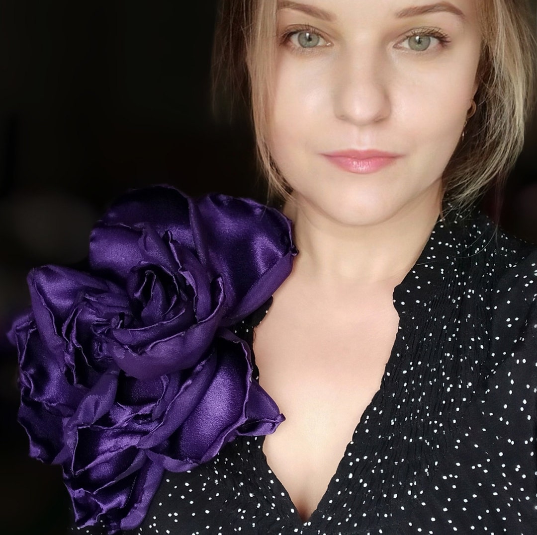 Large Dark Purple Fabric Rose Brooch: Flower Pin, Bridal Accessory - Etsy