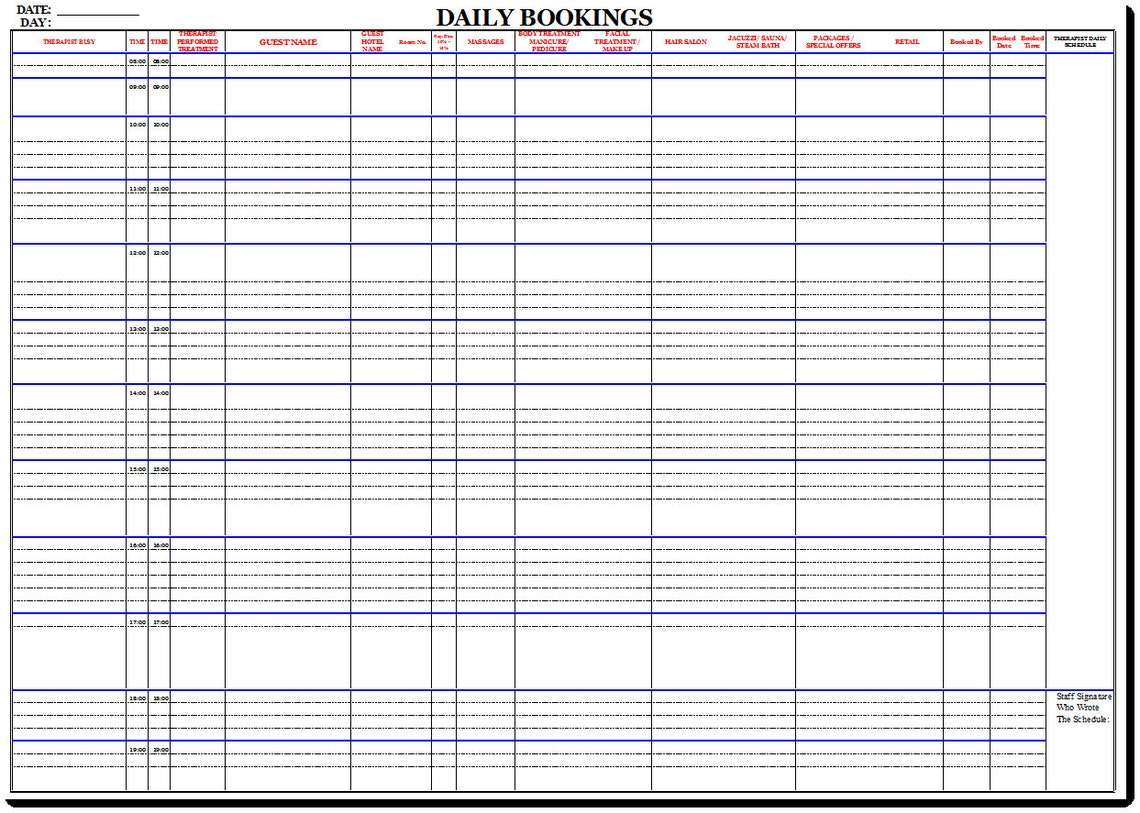 Spa Daily Bookings V02 Printable and Spreadsheet - Etsy