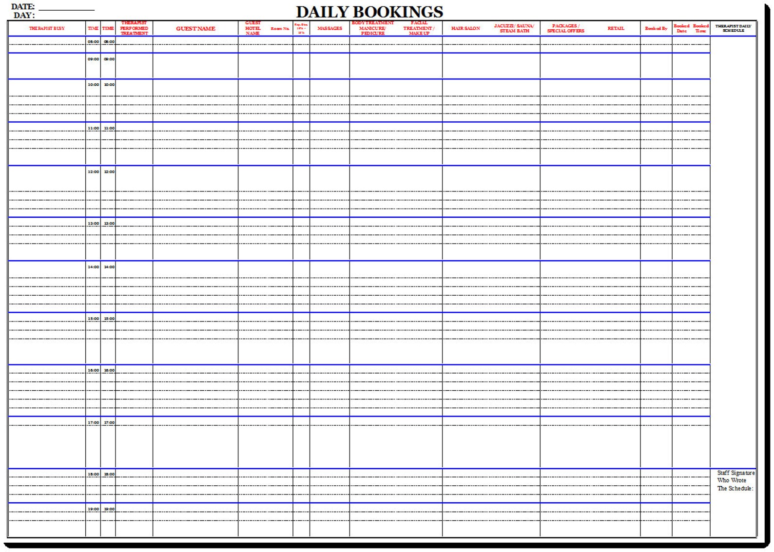 Spa Daily Bookings V02 Printable and Spreadsheet - Etsy