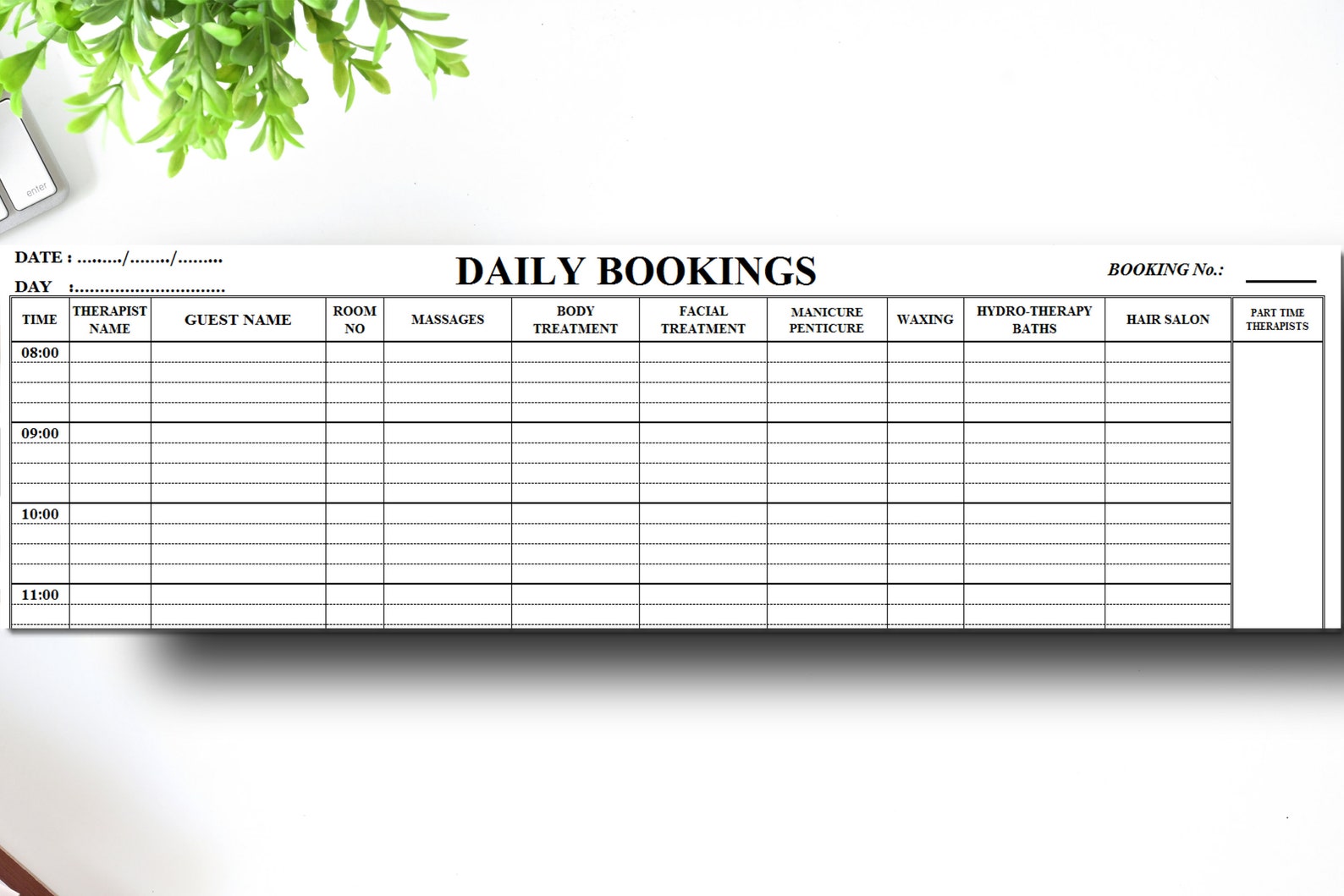 Spa Daily Bookings V02 Printable and Spreadsheet - Etsy