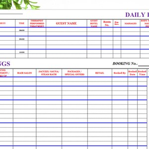 Spa Daily Bookings V02 Printable and Spreadsheet - Etsy