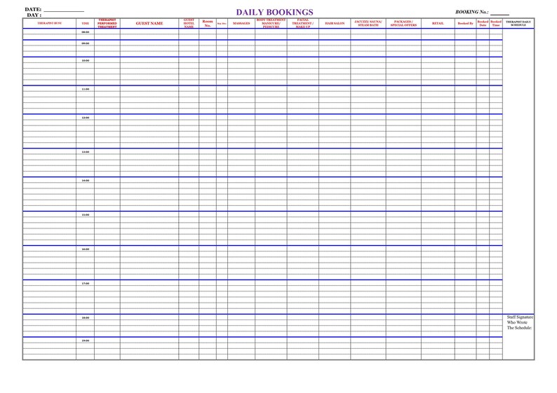 Spa Daily Bookings V02 Printable and Spreadsheet - Etsy