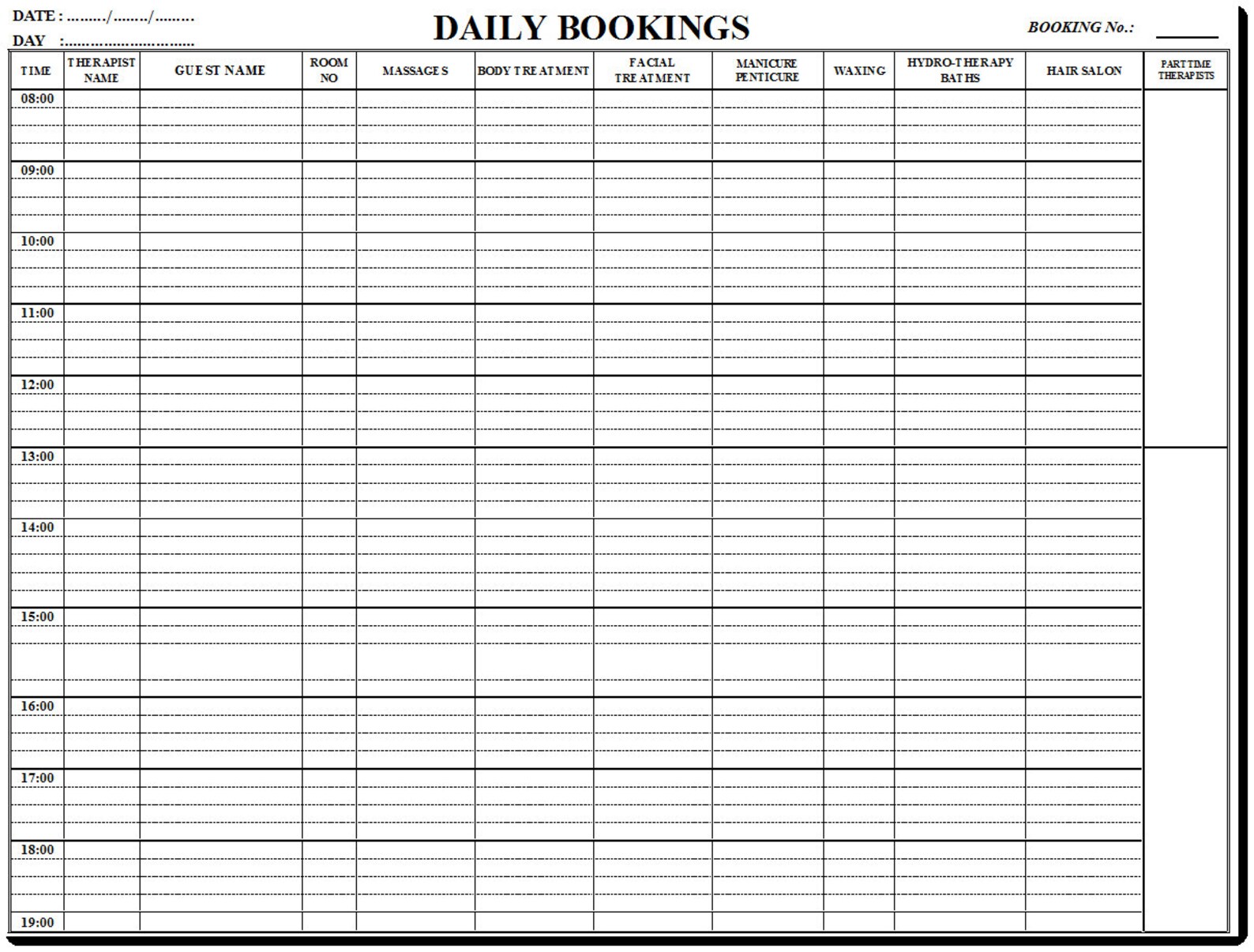 Spa Daily Bookings V02 Printable and Spreadsheet - Etsy
