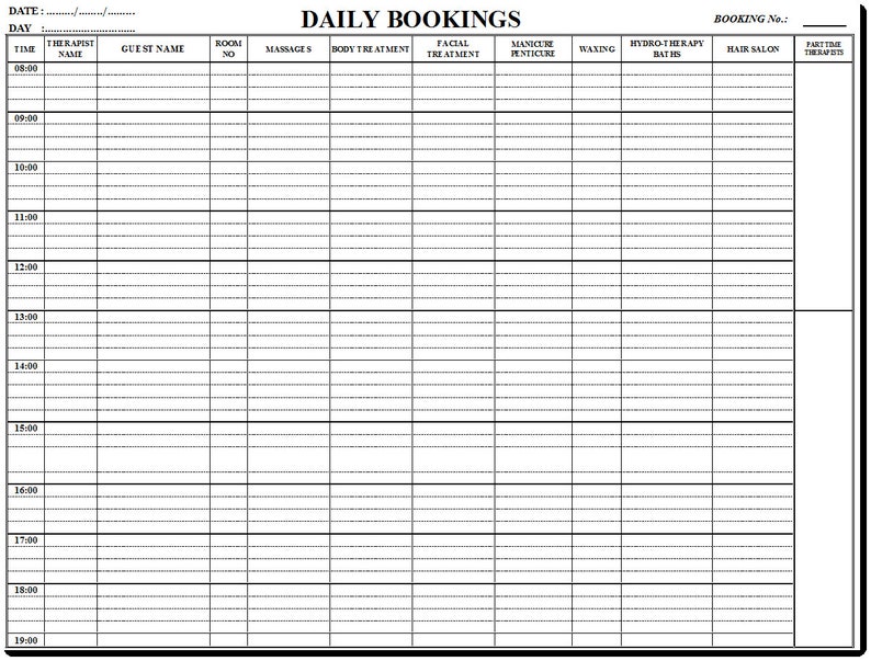 Spa Daily Bookings V02 Printable and Spreadsheet - Etsy