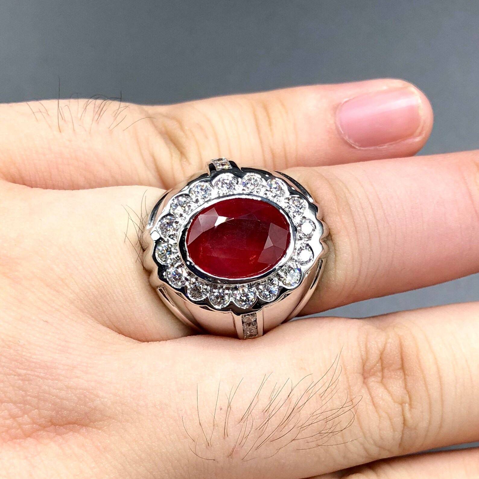HUGE RED 11.10TCW Natural Ruby & Diamonds in 14K Solid White Gold Ring ...