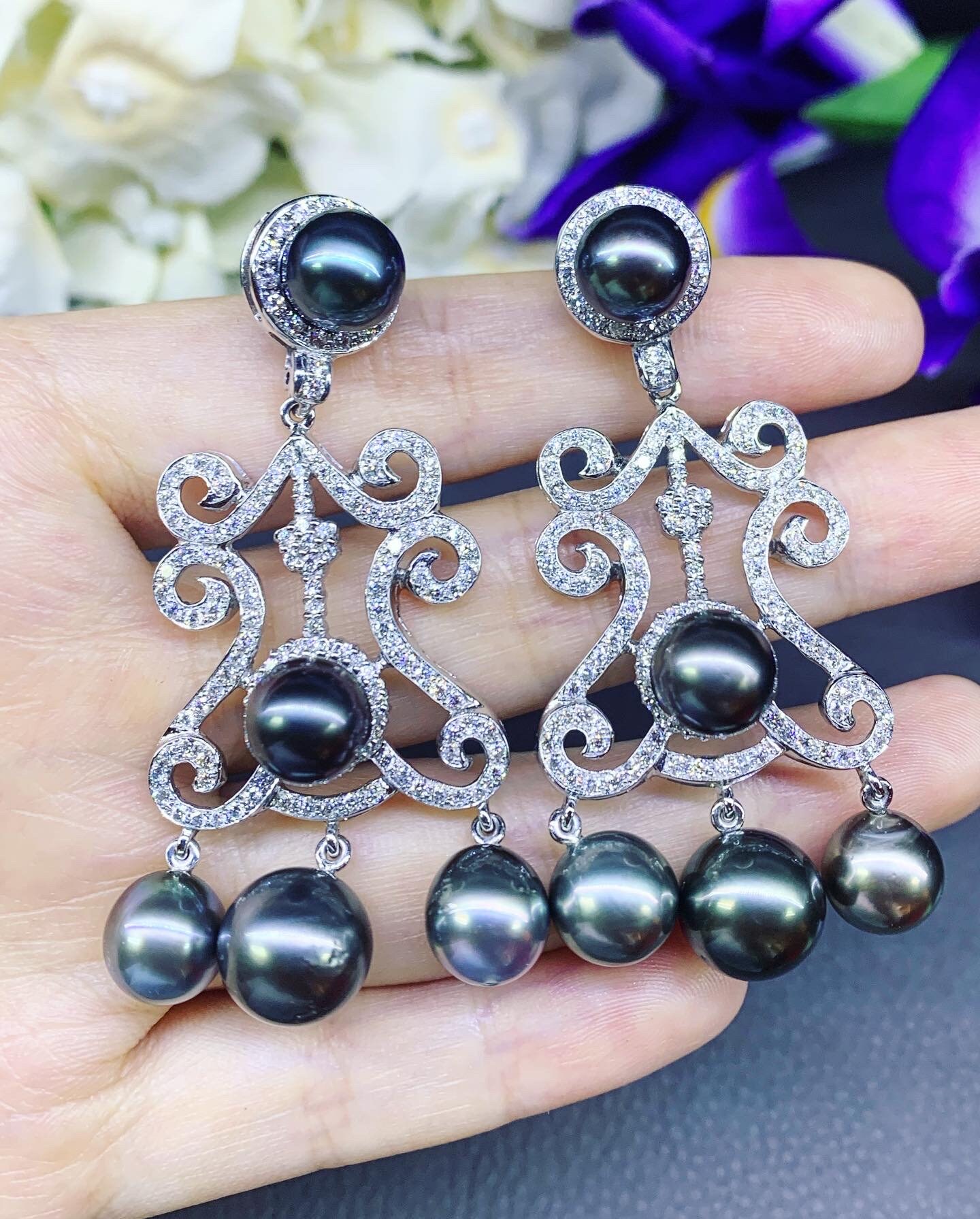 CHANDELIER TAHITIAN Pearls VS Diamonds in 18K Solid White Gold | Etsy