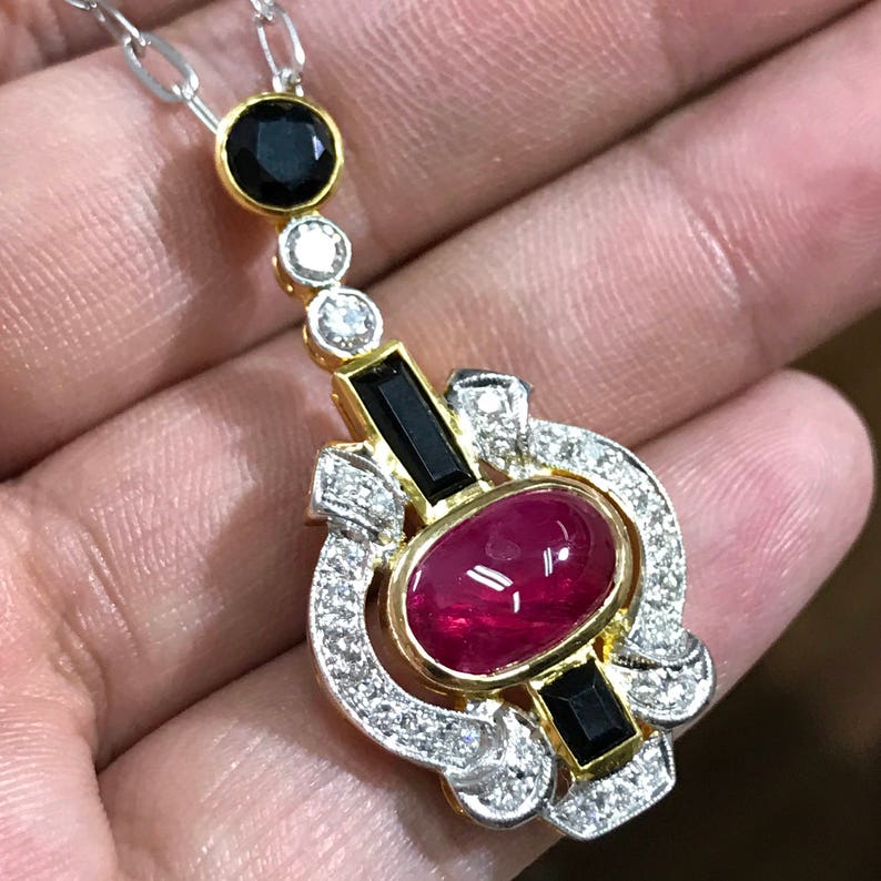 RETRO 5.16TCW Burmese Ruby Onyx & Diamonds in 18K Solid Yellow Gold ...