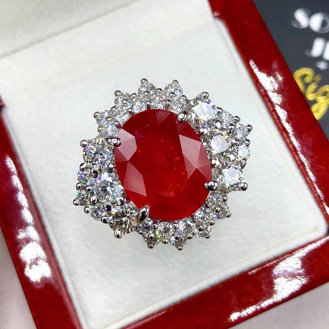 ENORMOUS 14.10TCW Natural Ruby & Diamonds in 18K Solid White Gold Ring ...