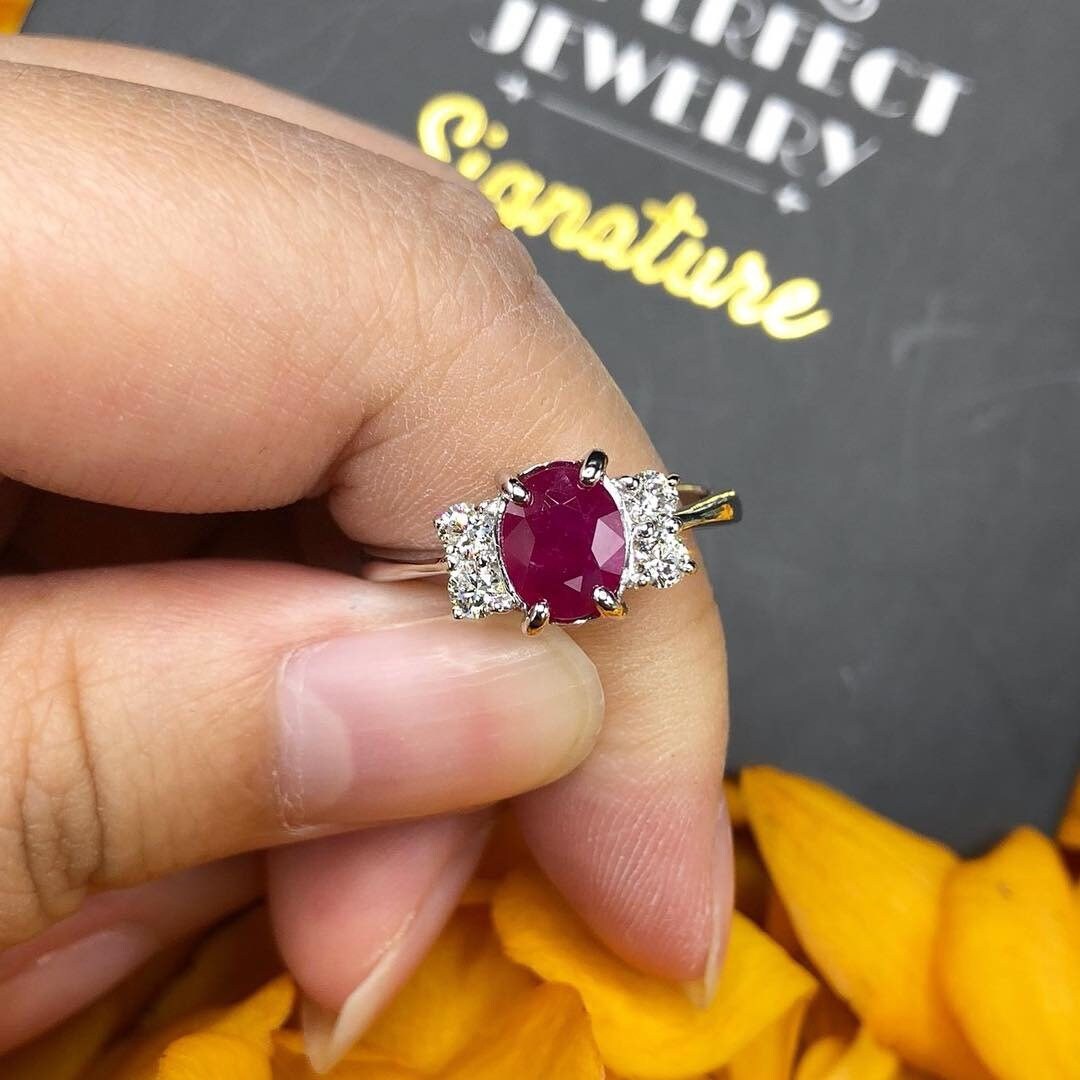 BURMESE 1.93TCW Natural Red Ruby & Diamonds in 18K Solid White Gold ...
