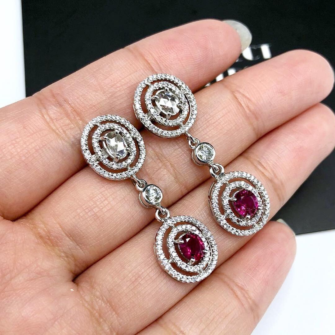 DANGLING 3.18TCW Blood Red Ruby Diamonds 18K Solid White Gold | Etsy