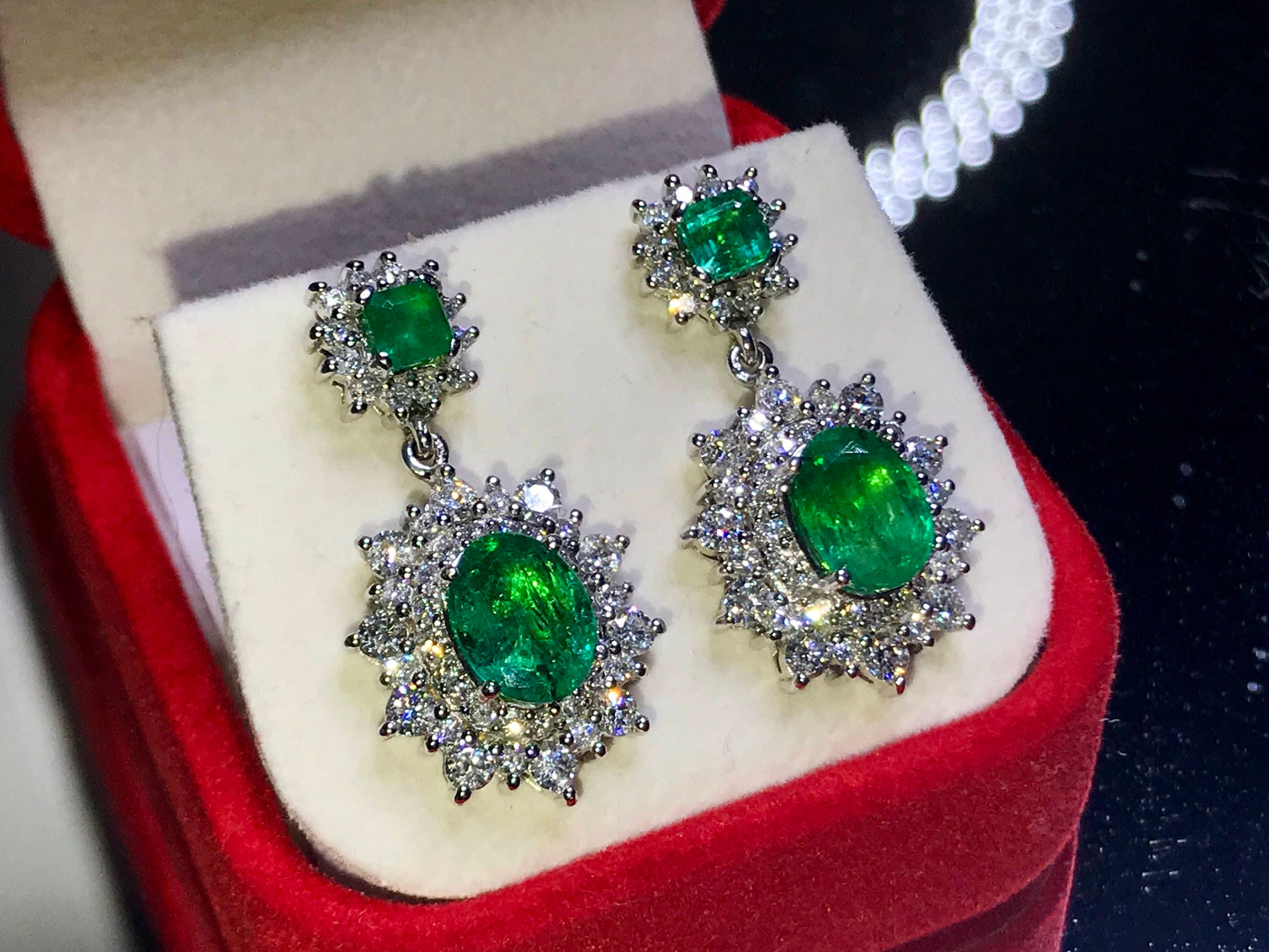 HUGE 7.08TCW Sparkling Emeralds & Diamond in 18K Solid WHITE Gold ...