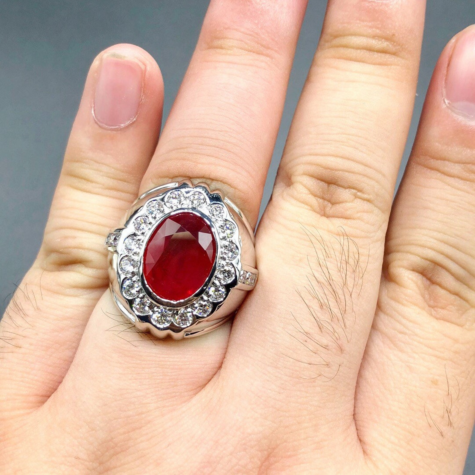 HUGE RED 11.10TCW Natural Ruby & Diamonds in 14K Solid White Gold Ring ...