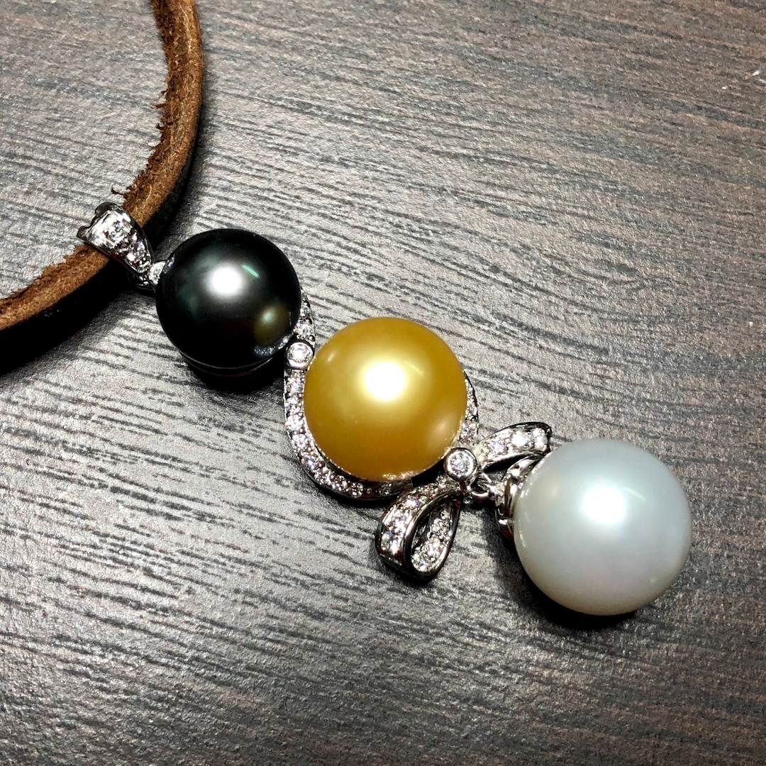 Tri-color! South Sea Pearls & VS Diamonds in 18K Solid White Gold Long ...