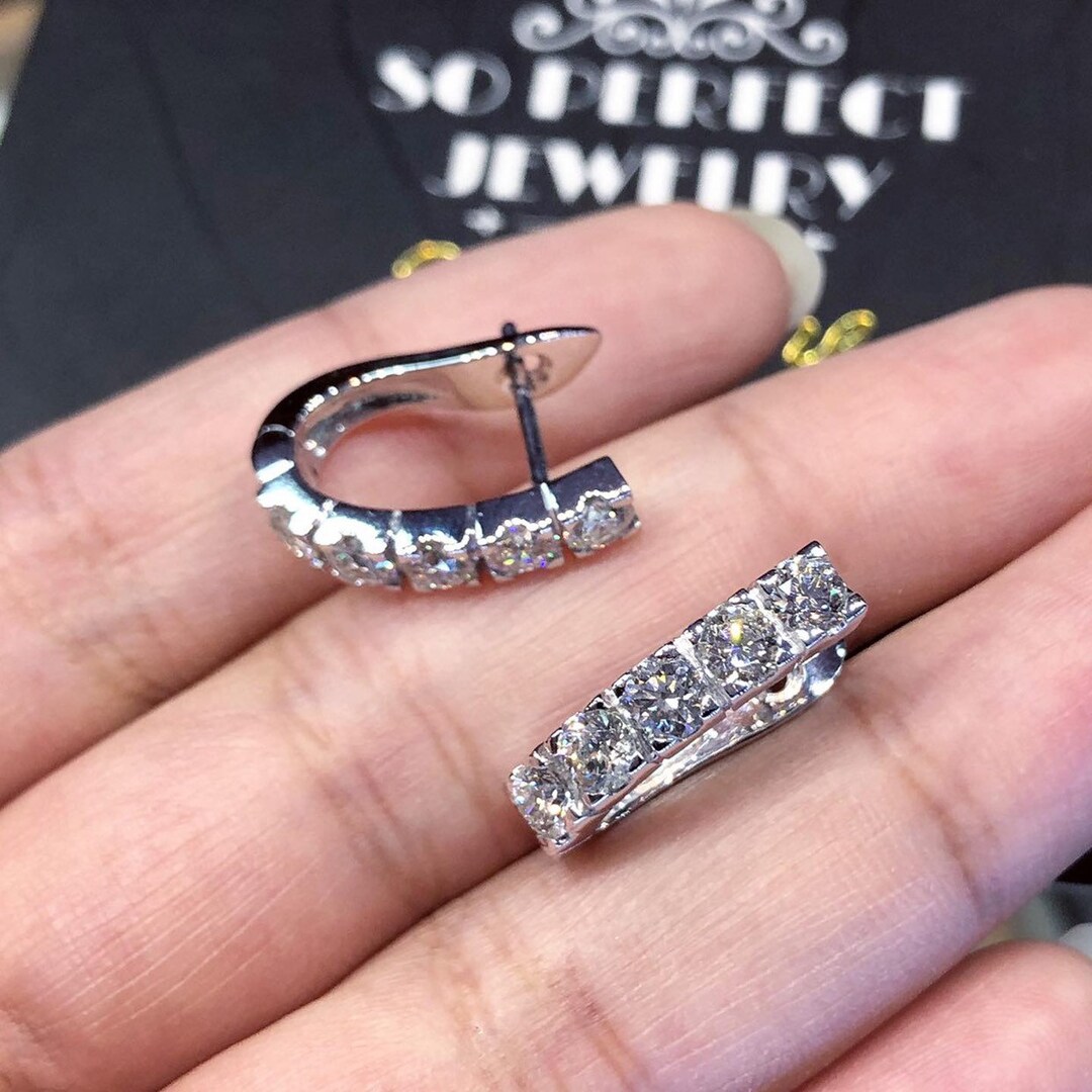 SPARKLING! 2.02TCW Hoop G/VS Diamonds 18K Solid White Gold Handmade ...