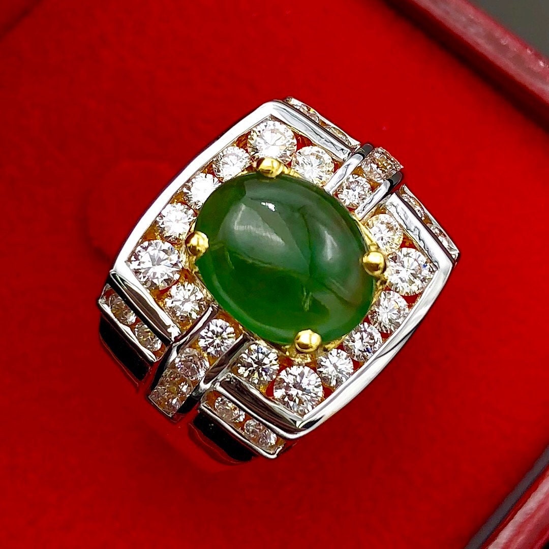 MEN'S 4.12TCW Burmese Jade & VS Diamonds in 18k Solid Yellow Gold Ring ...