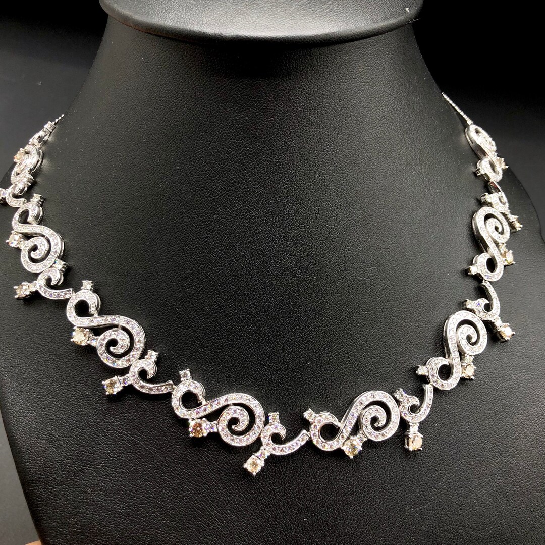 13.90TCW Scroll Diamonds Necklace in 18K Solid White Gold Handmade ...
