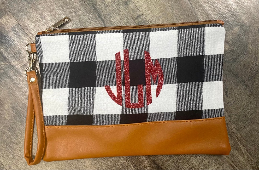 White Buffalo Plaid With Taupe Bottom Wristlet, Monogram Plaid Wristlet ...