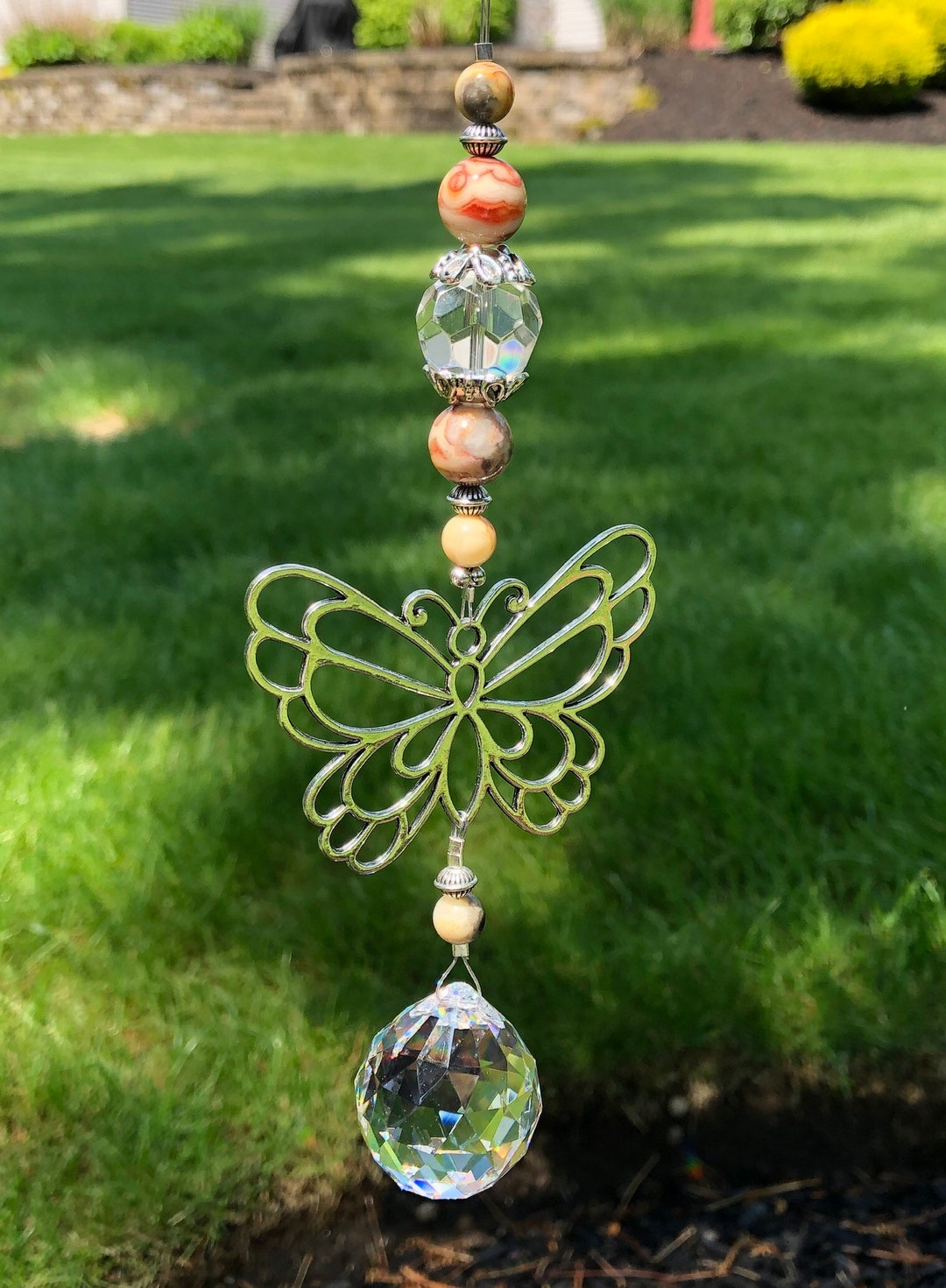 Butterfly Crystal Suncatcher for Windows, Crazy Lace Agate Natural ...