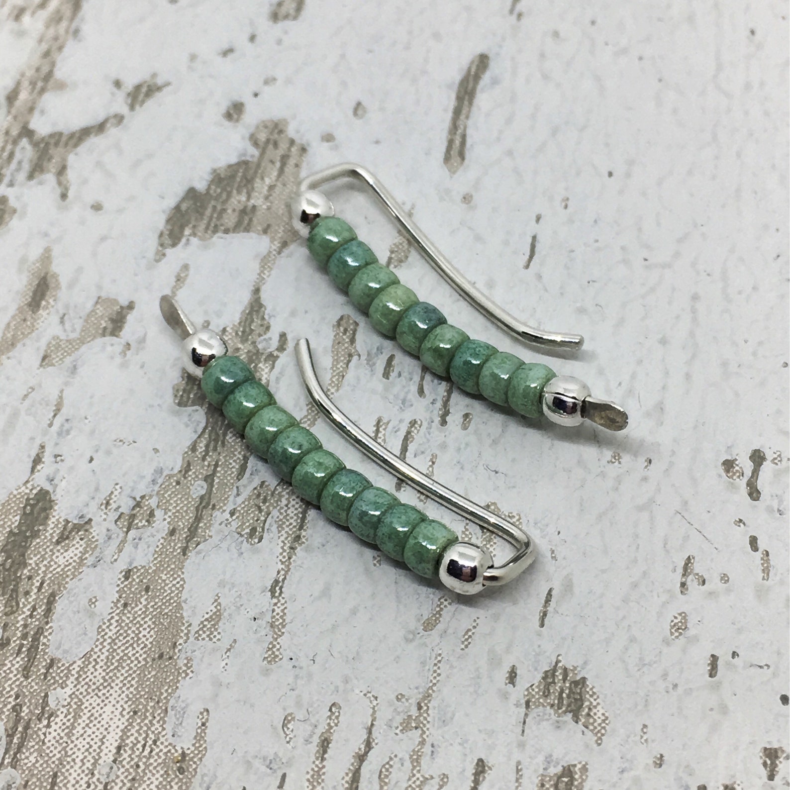 Ear Climber Silver Ear Bar Beaded Long Ear Climbers Green | Etsy