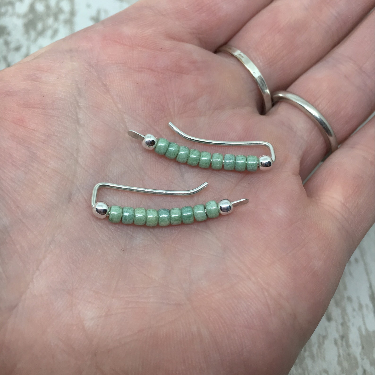Ear Climber Silver Ear Bar Beaded Long Ear Climbers Green | Etsy