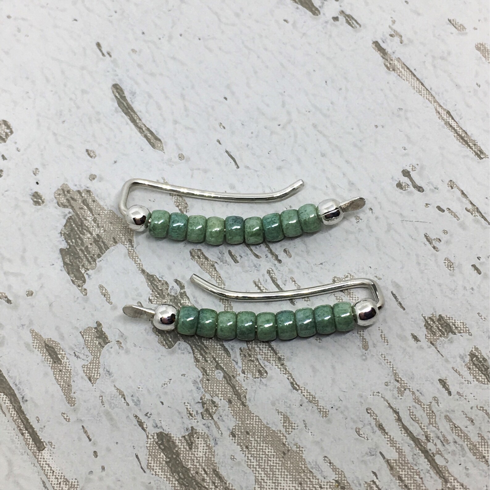 Ear Climber Silver Ear Bar Beaded Long Ear Climbers Green | Etsy