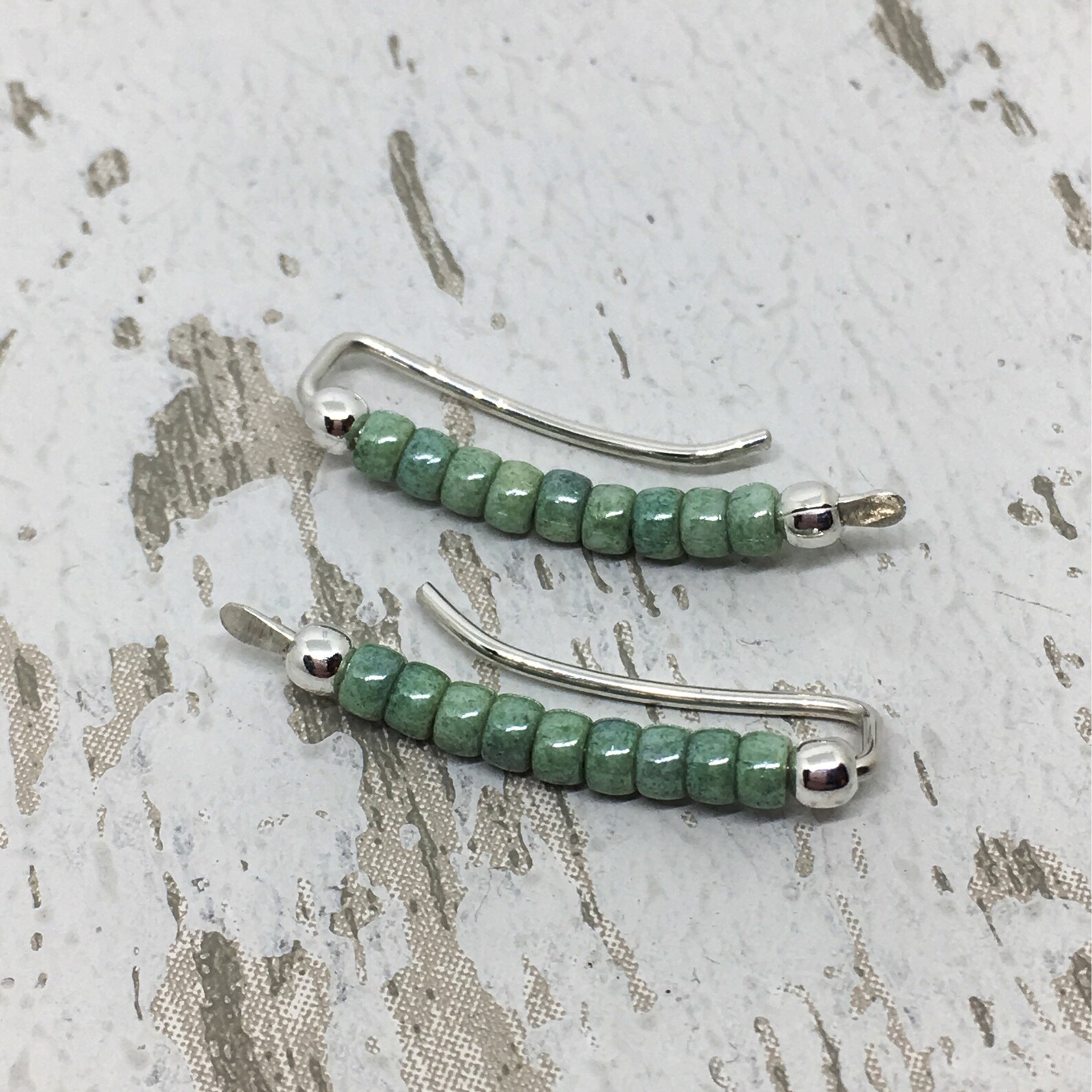Ear Climber Silver Ear Bar Beaded Long Ear Climbers Green | Etsy