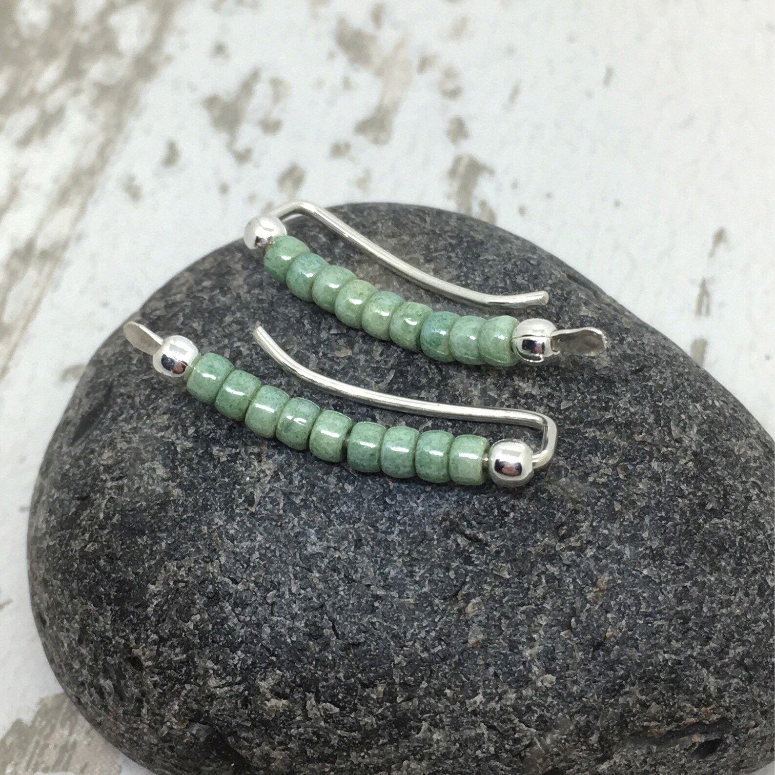 Ear Climber Silver Ear Bar Beaded Long Ear Climbers Green | Etsy