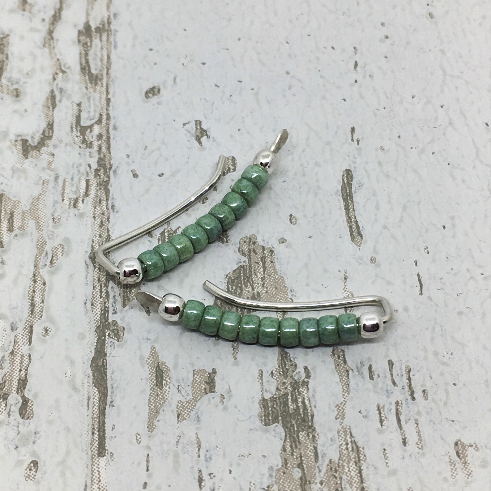 Ear Climber Silver Ear Bar Beaded Long Ear Climbers Green | Etsy