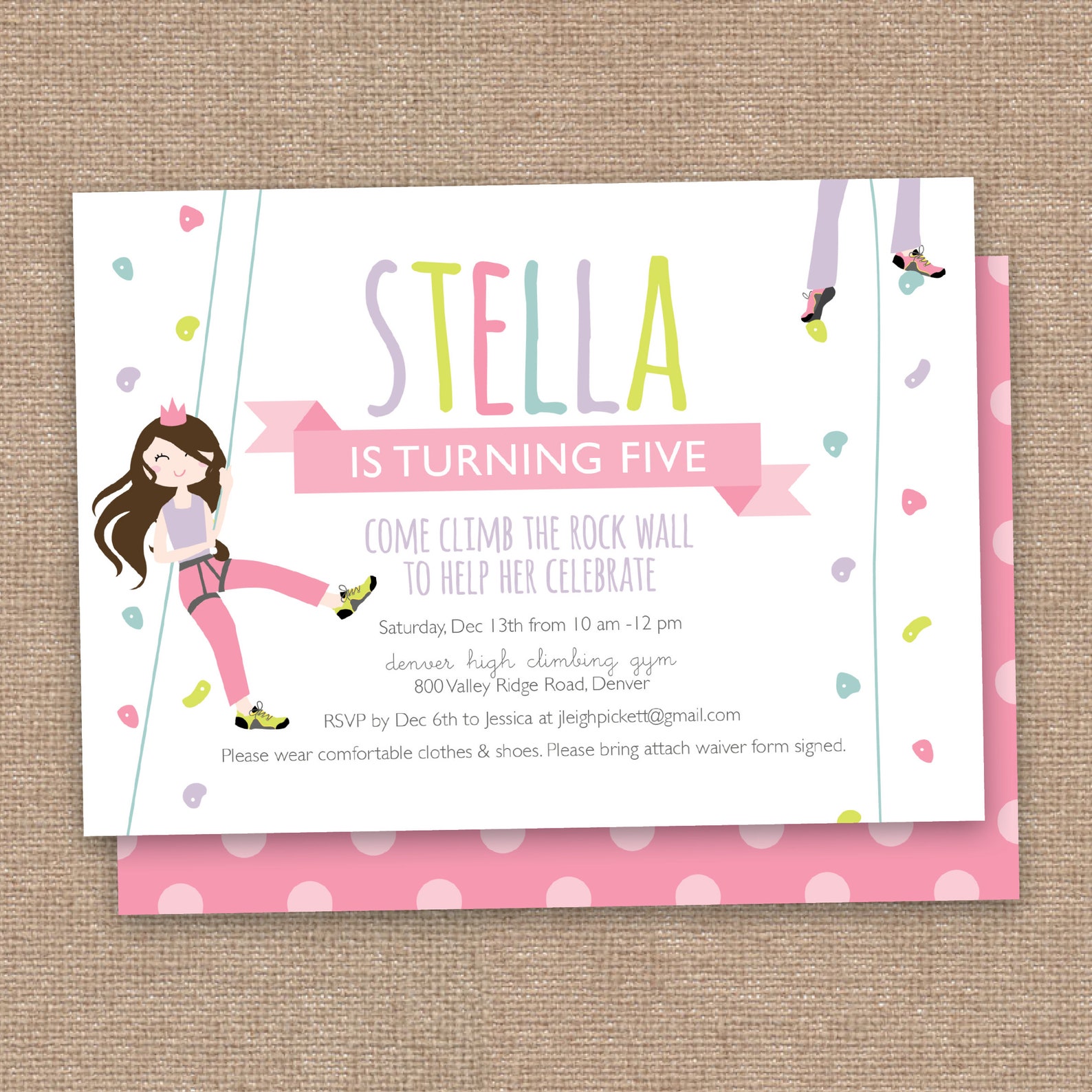 Climbing Girl Birthday Invitation, DIY Printable, Pink Pokadots ...