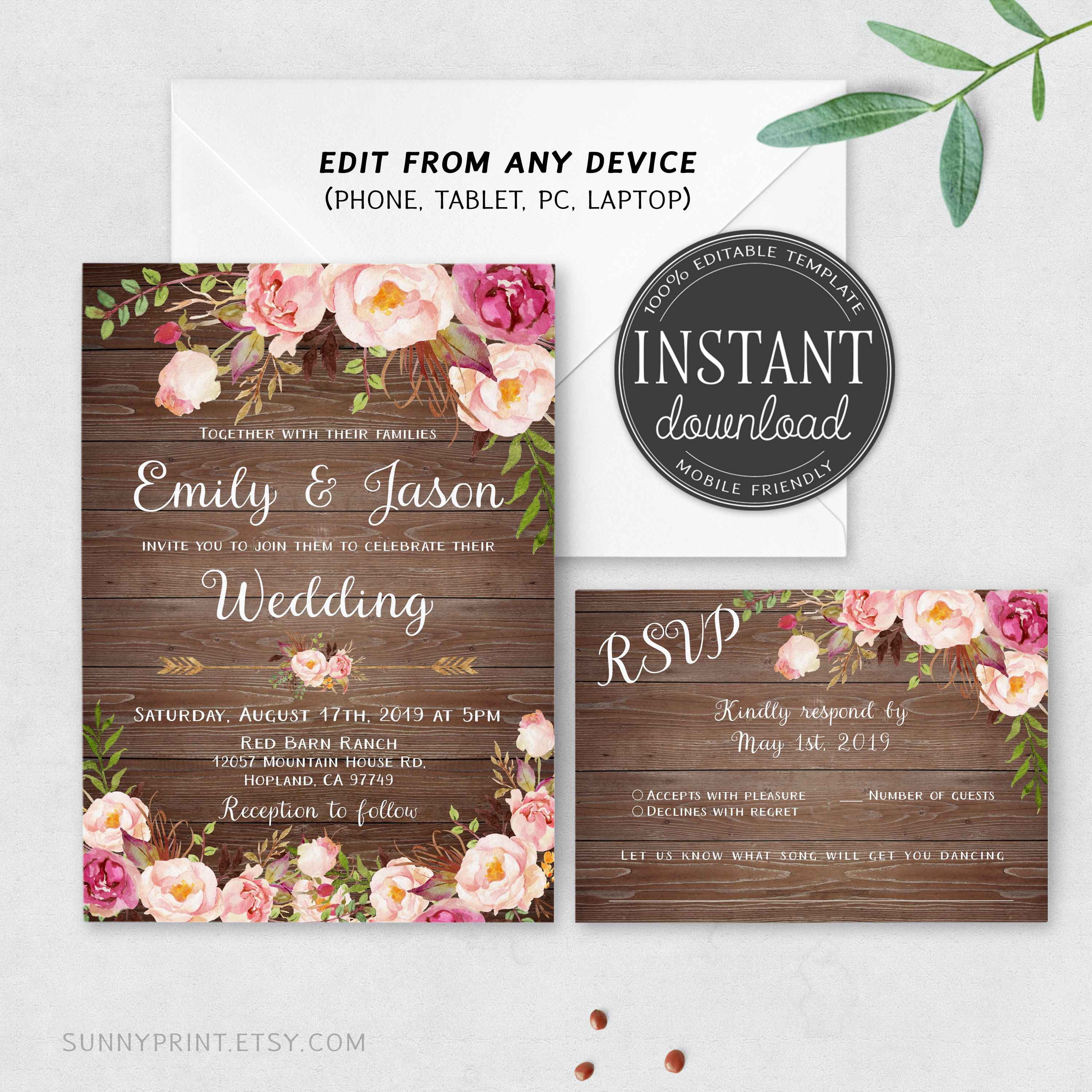 Rustic Wedding Invitation Template Floral Wedding Invitation - Etsy