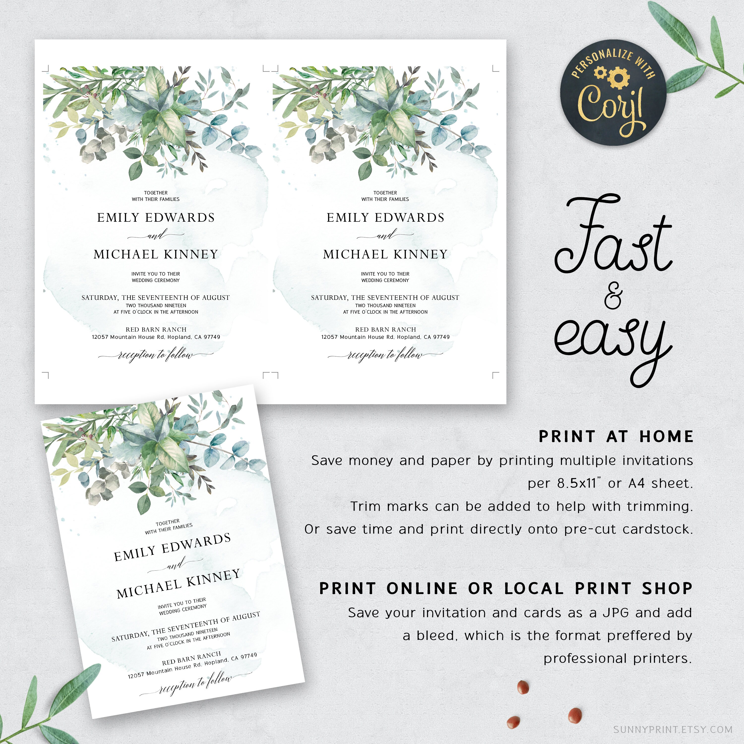 Greenery Wedding Invitation Template Wedding Invitation With | Etsy