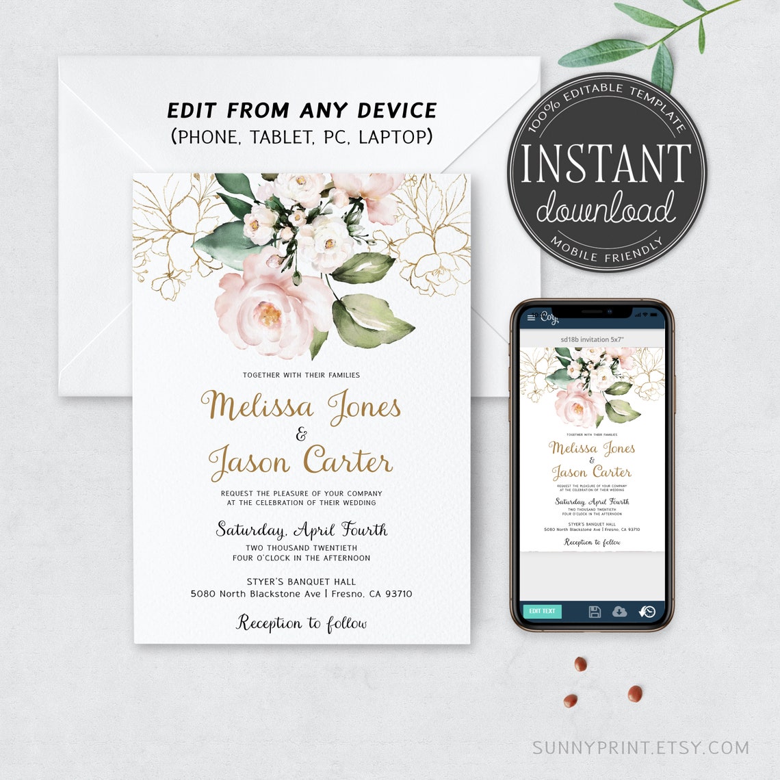 Blush Gold Wedding Invitation Printable Invitation Template | Etsy