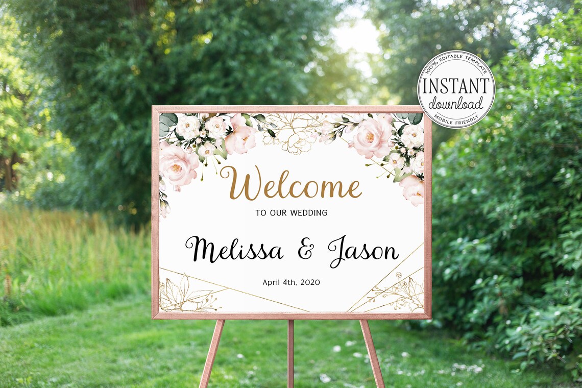 Blush Welcome Sign Wedding Gold Printable Welcome Sign | Etsy