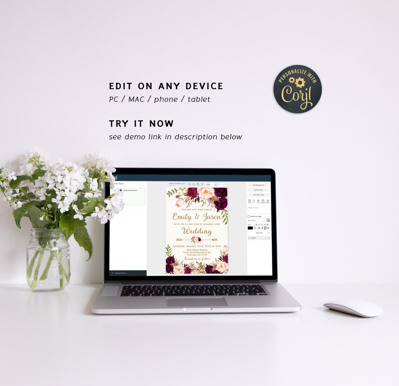 Burgundy Wedding Invitation Floral Wedding Invite Template - Etsy