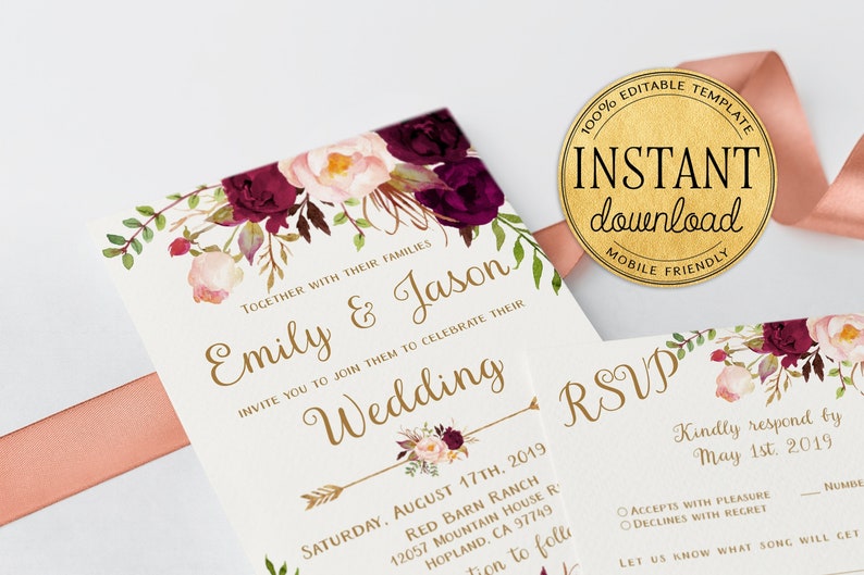 Burgundy Wedding Invitation Floral Wedding Invite Template - Etsy