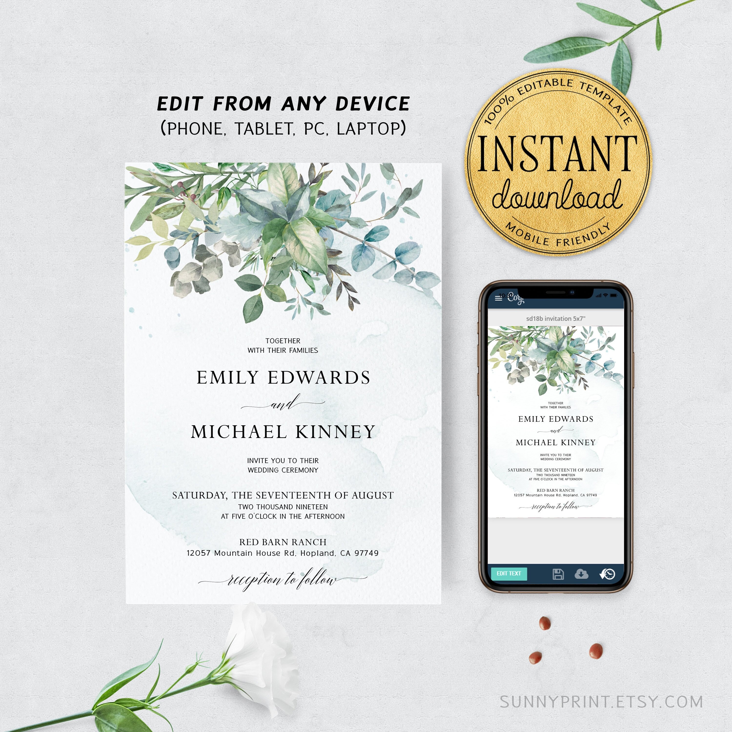 Greenery Wedding Invitation Template Wedding Invitation With | Etsy