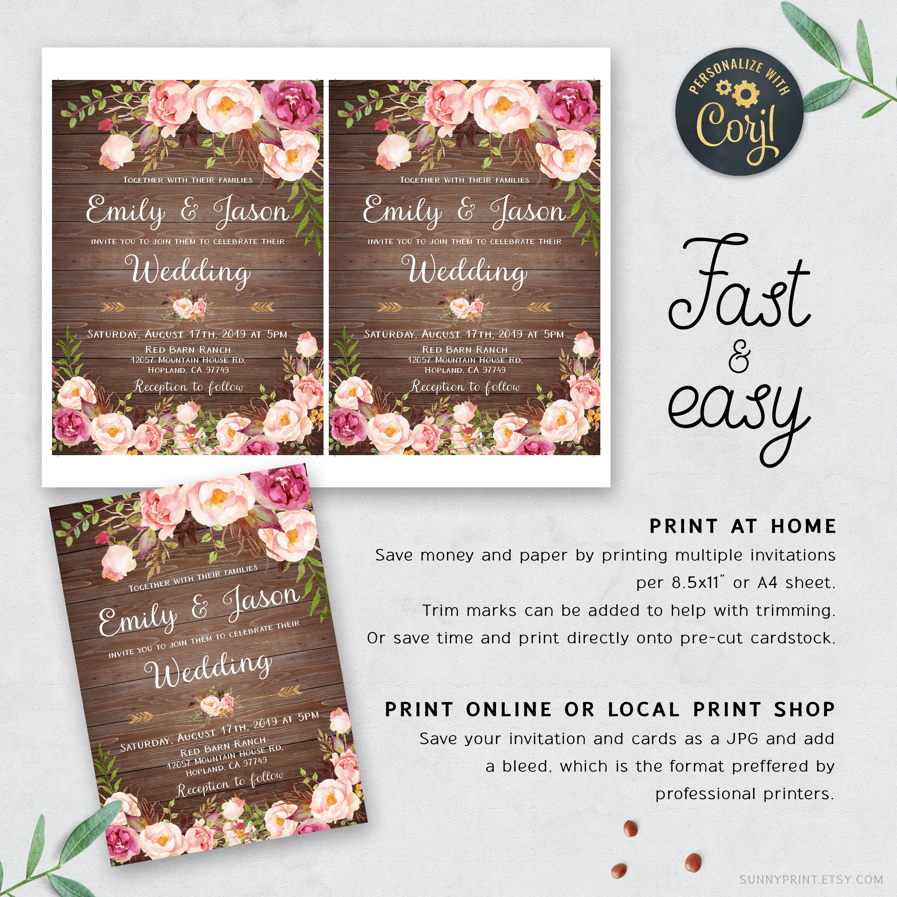 Rustic Wedding Invitation Template Floral Wedding Invitation - Etsy